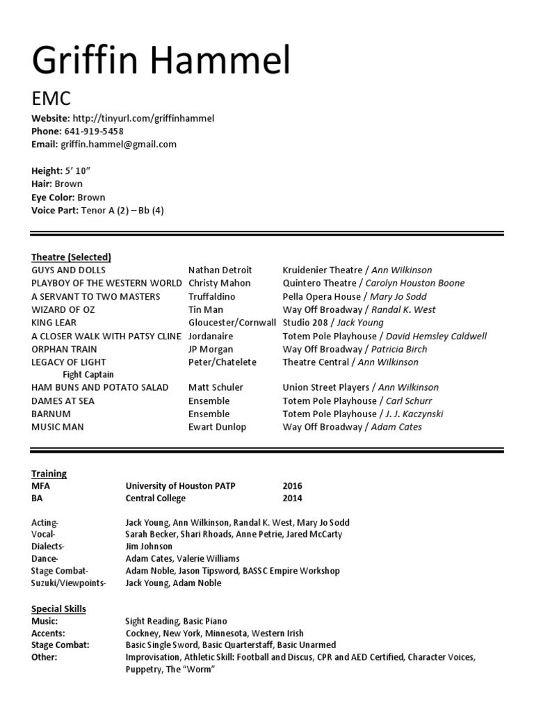 Griffin Hammel: Tenor Actor Resume | PDF