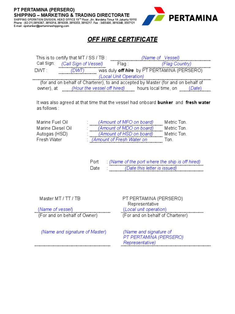 Off Hire Certificate for Vessel | PDF | Science & Mathematics