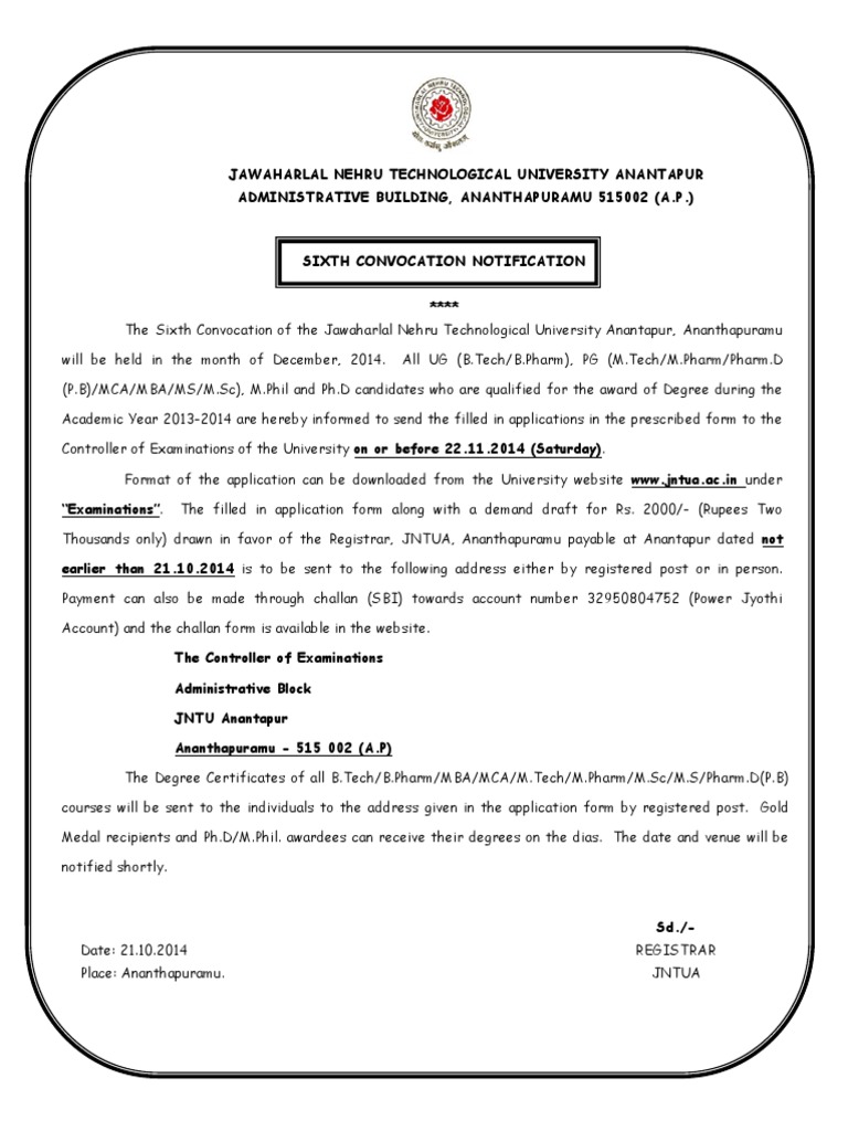 Jntua Convocation Notification & Application - PDF - 2602699 | PDF | Master Of Science ...