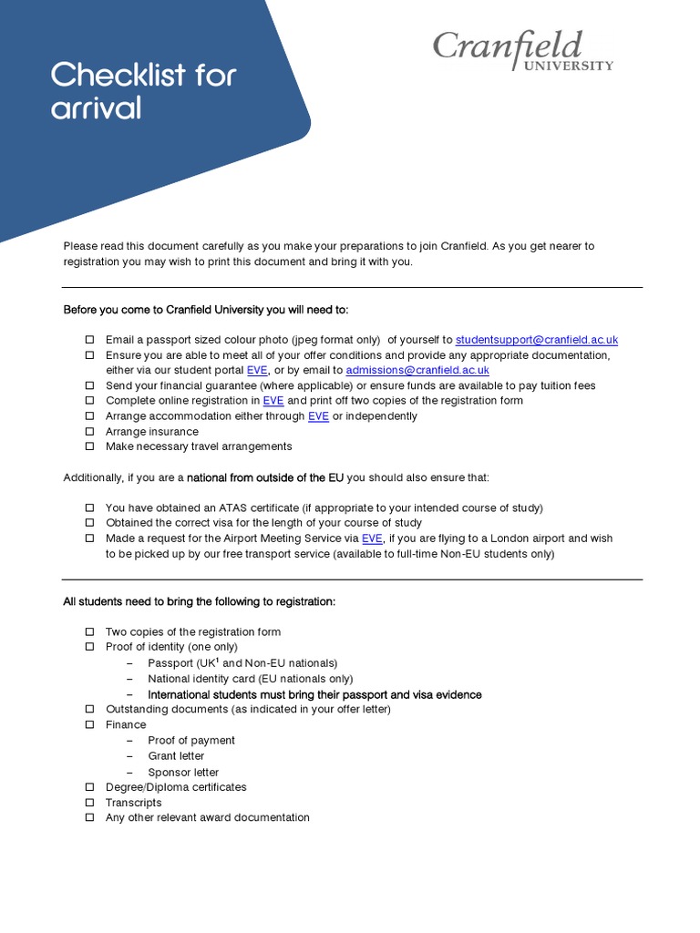 Cranfield arrival checklist | PDF | Identity Document | Travel Visa
