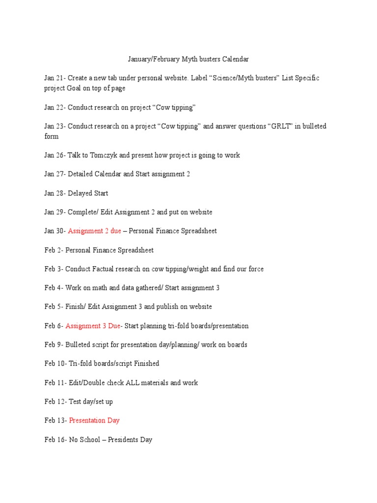 January/February Myth Busters Schedule | PDF