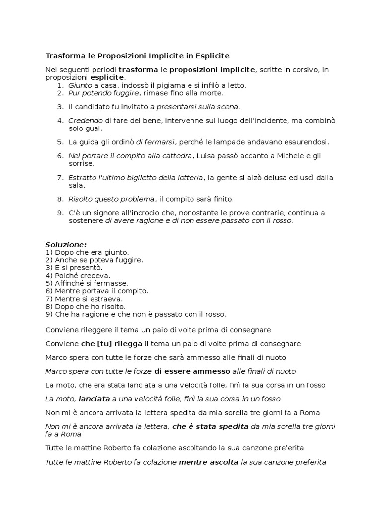 Le Proposizioni Implicite Ed Esplicite | PDF