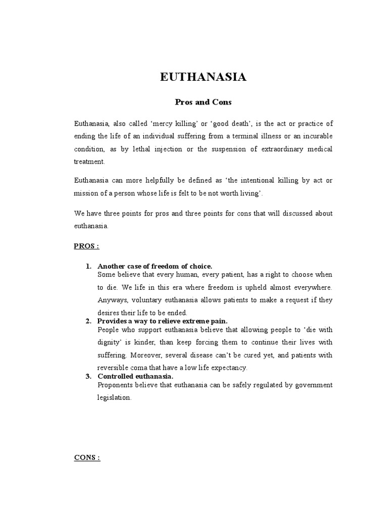 Pros and Cons Euthanasia | PDF | Palliative Medicine | Professional Ethics