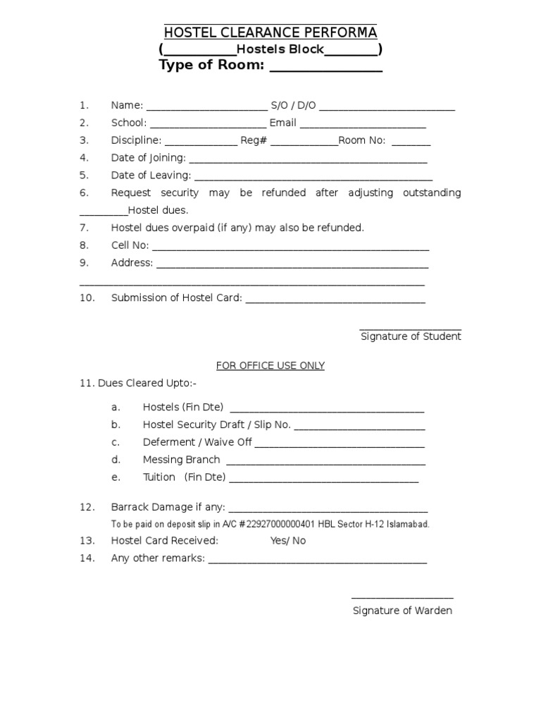 Hostel Clearance Form Template | PDF