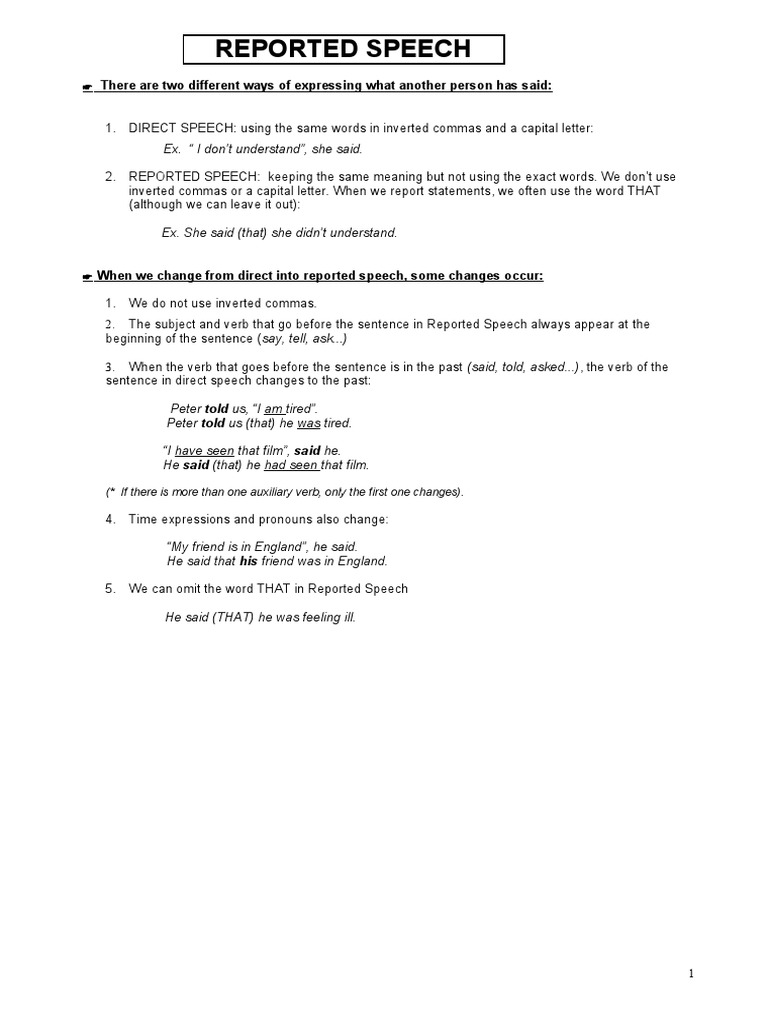 Reported Speech Theory PDF | PDF | Verb | Sentence (Linguistics)