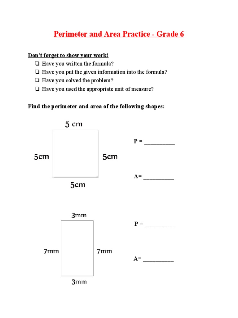 Perimeter and Area Practice Grade 6 | PDF | Teaching Methods & Materials