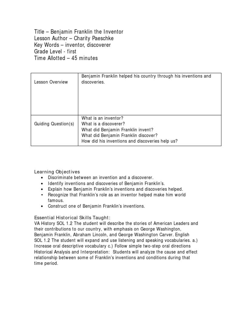 Lesson 2 - Ben The Inventor | PDF | Benjamin Franklin | Invention