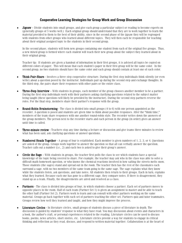 Cooperative Learning Strategies Group Work Group Discussion | PDF ...