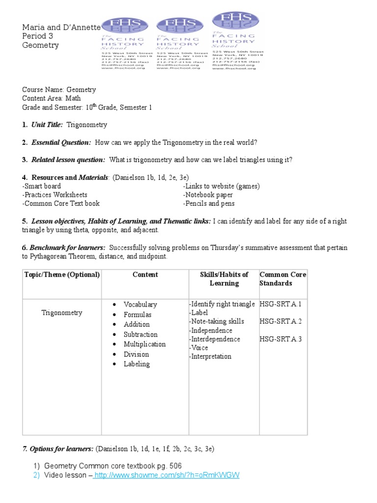 Trigonometry Lesson Plan And Reflection Pdf Trigonometry English