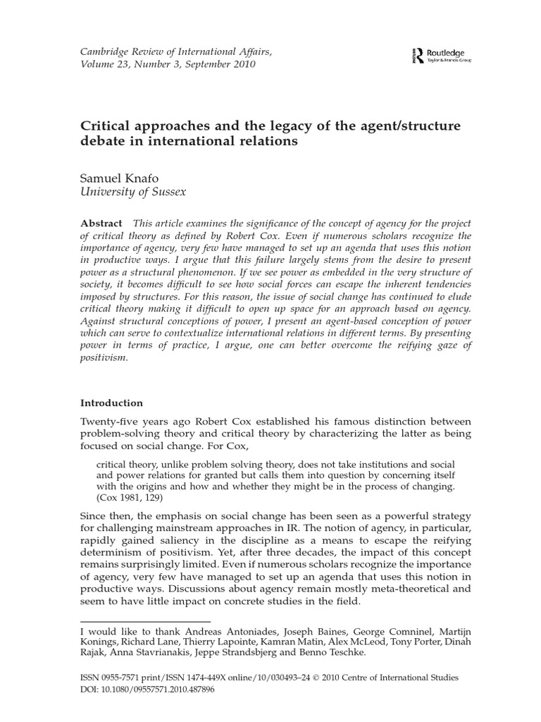 Critical Approaches and The Legacy of The Agent-Structure Debate in IR ...