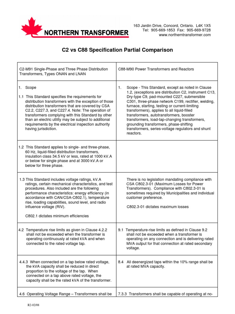 Canadian CSA C2 Vs C88 Comparison | PDF | Transformer | Pressure