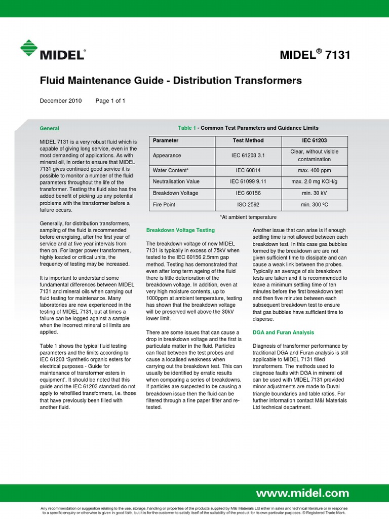 MIDEL 7131 Fluid Maintenance Guide[1] | Transformer | Oil
