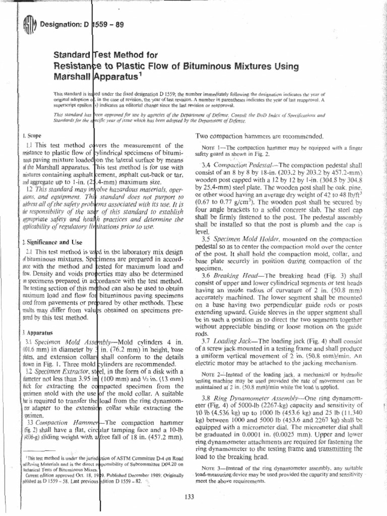 D 1559-89 | PDF | Asphalt | Thermometer