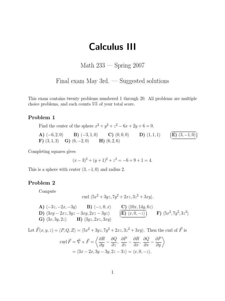 Calculus III Final Exam Solutions | PDF | Maxima And Minima | Geometry