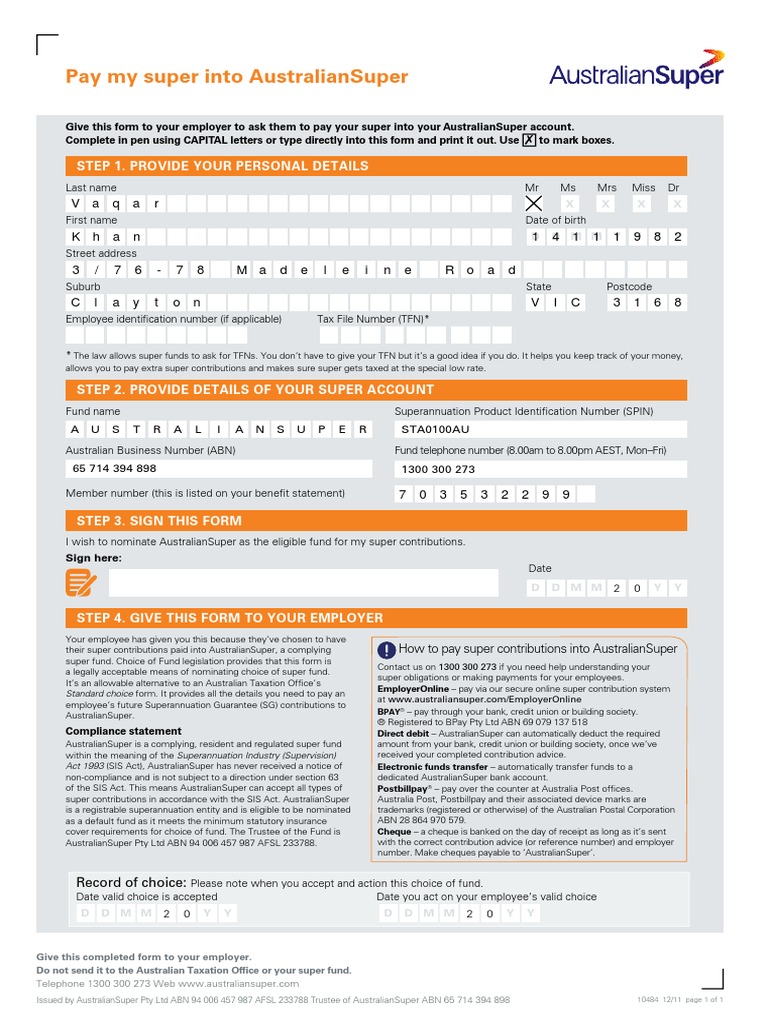 Choose Australian Super Nomination Form | Payments | Government Finances