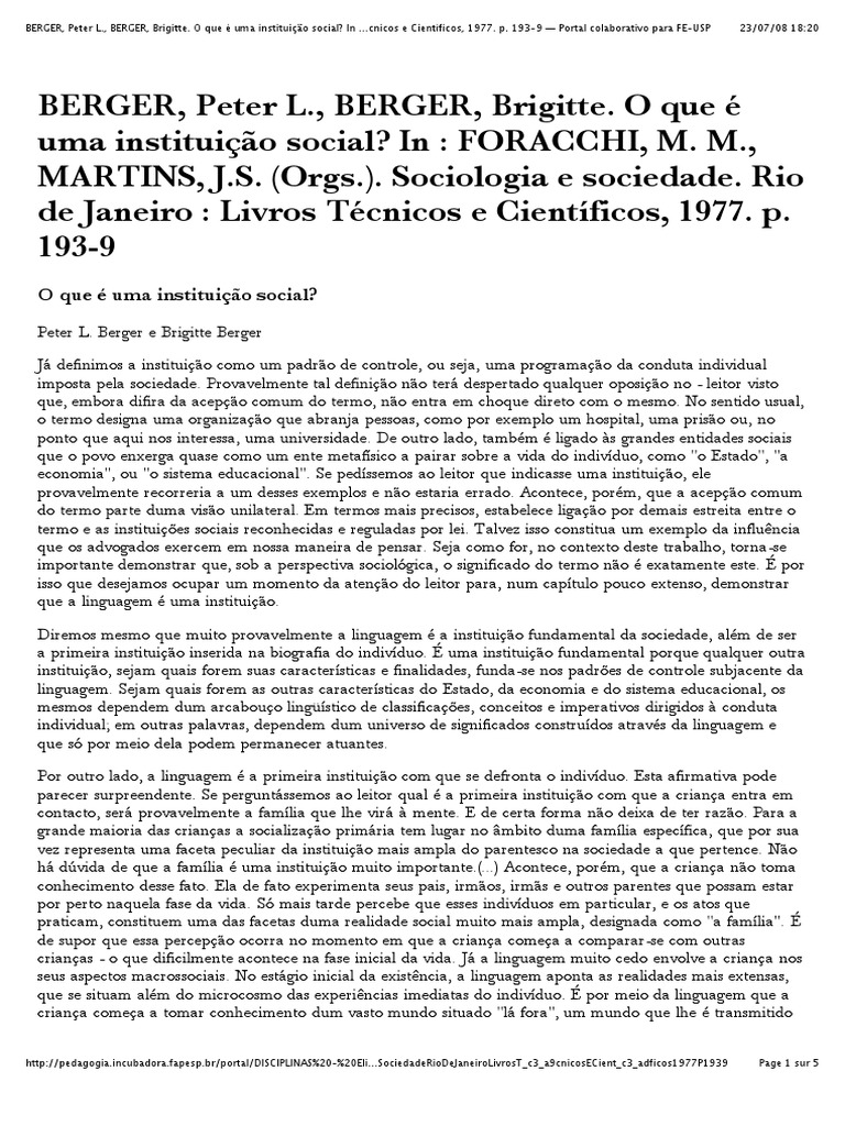 Berger, Peter L.,Berger, Brigitte. O Que é Uma Instituição Social ...