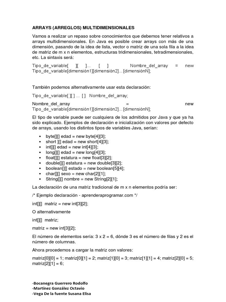 Investigación Arreglos Unidimensionales en Java y Miltidimensionales | PDF | Estructura de datos ...