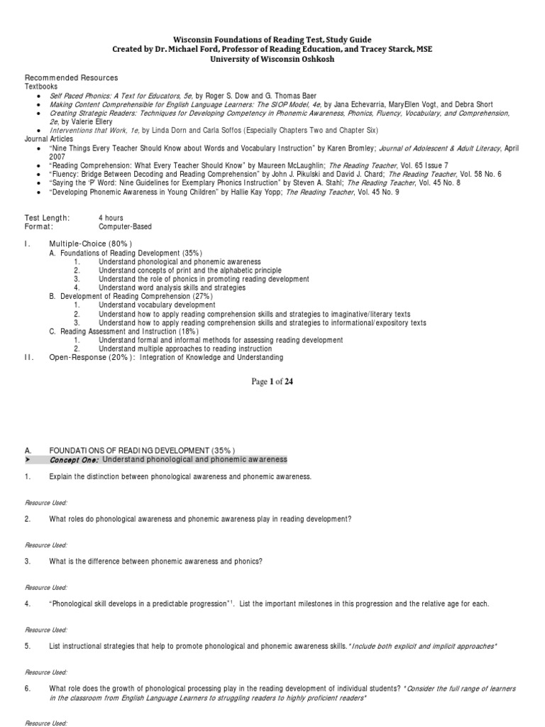 Ford Wisconsin Foundations of Reading Test Study | PDF | Reading ...