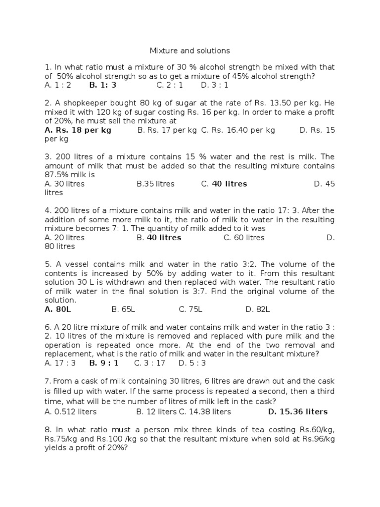 Alligation Mixture and Solutions | PDF | Ratio | Litre