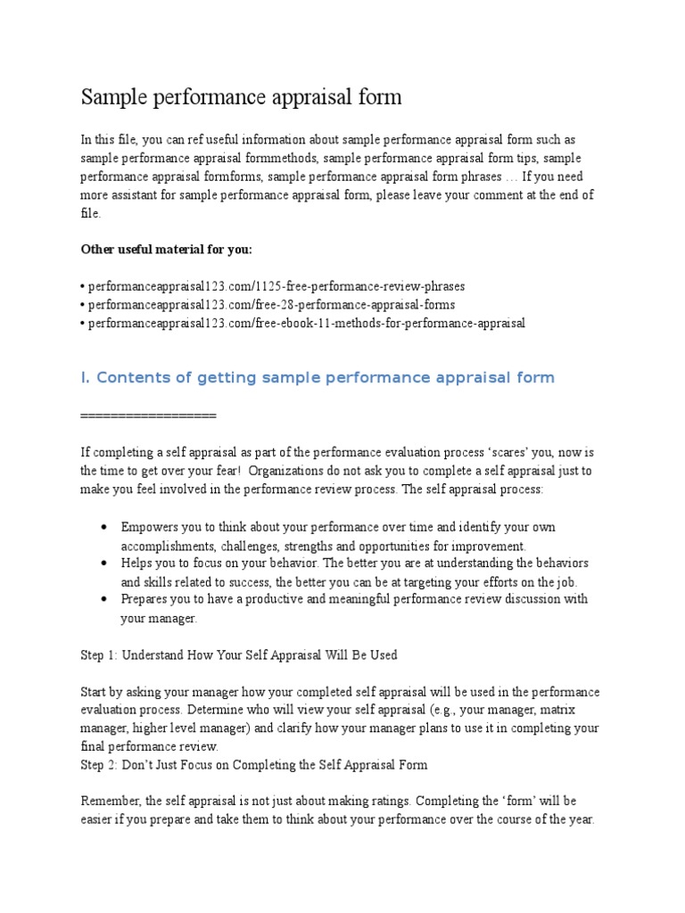 Sample Performance Appraisal Form Guide | PDF | Performance Appraisal ...
