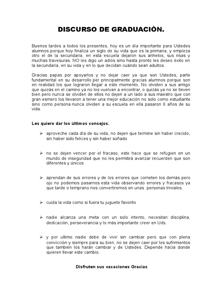 Discurso de Graduaciòn | PDF | Estilo de vida Discurso de Graduaciòn | PDF | Estilo de vida