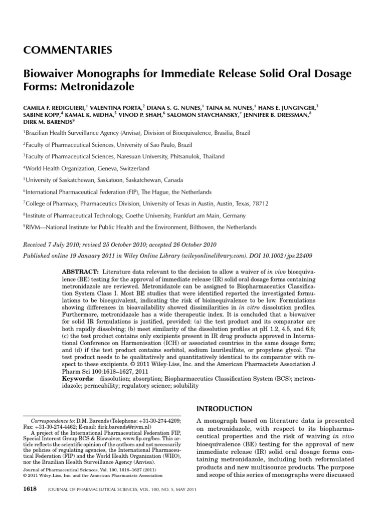 Biowaiver Monographs For Immediate Release Solid Oral Dosage | PDF ...