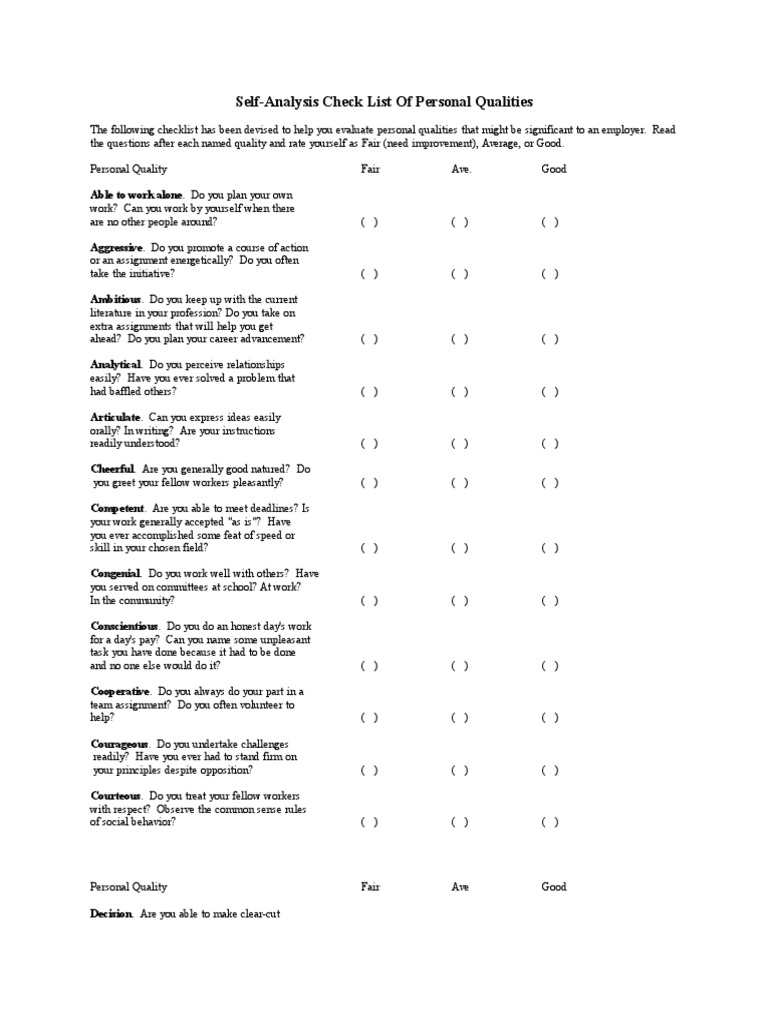 Self-Analysis Checklist of Personal Qualities | PDF | Psychological ...