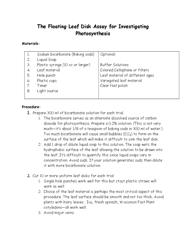 The Floating Leaf Disk Assay For Investigating Photosynthesis | PDF ...