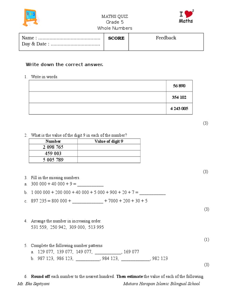 Grade 5 Whole Numbers Quiz | PDF