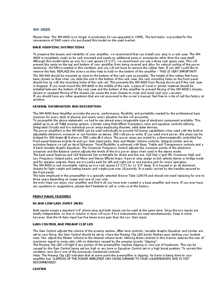 SWR sm-400s Owners Manual | PDF | Amplifier | Equalization (Audio)