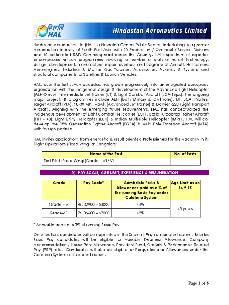 HAL Test Pilot Recruitment 2015 | PDF | Flight Test | Aircraft