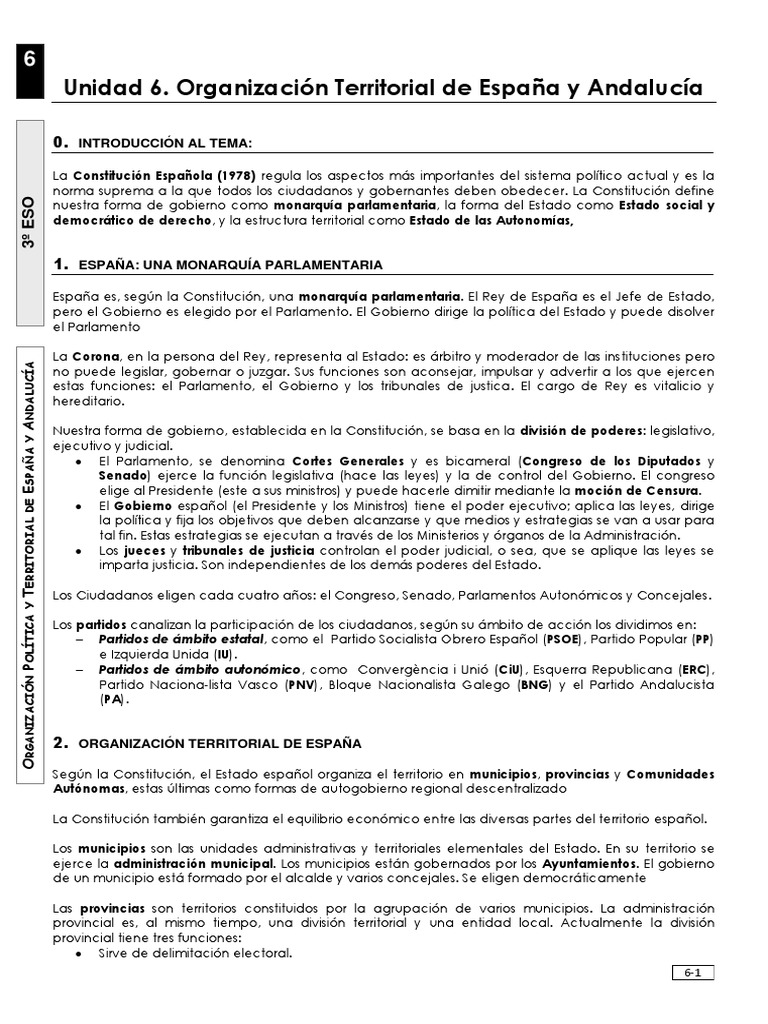 Tema 6 Organización Política y Territorial de España y Andalucía | PDF | España | Formas de gobierno