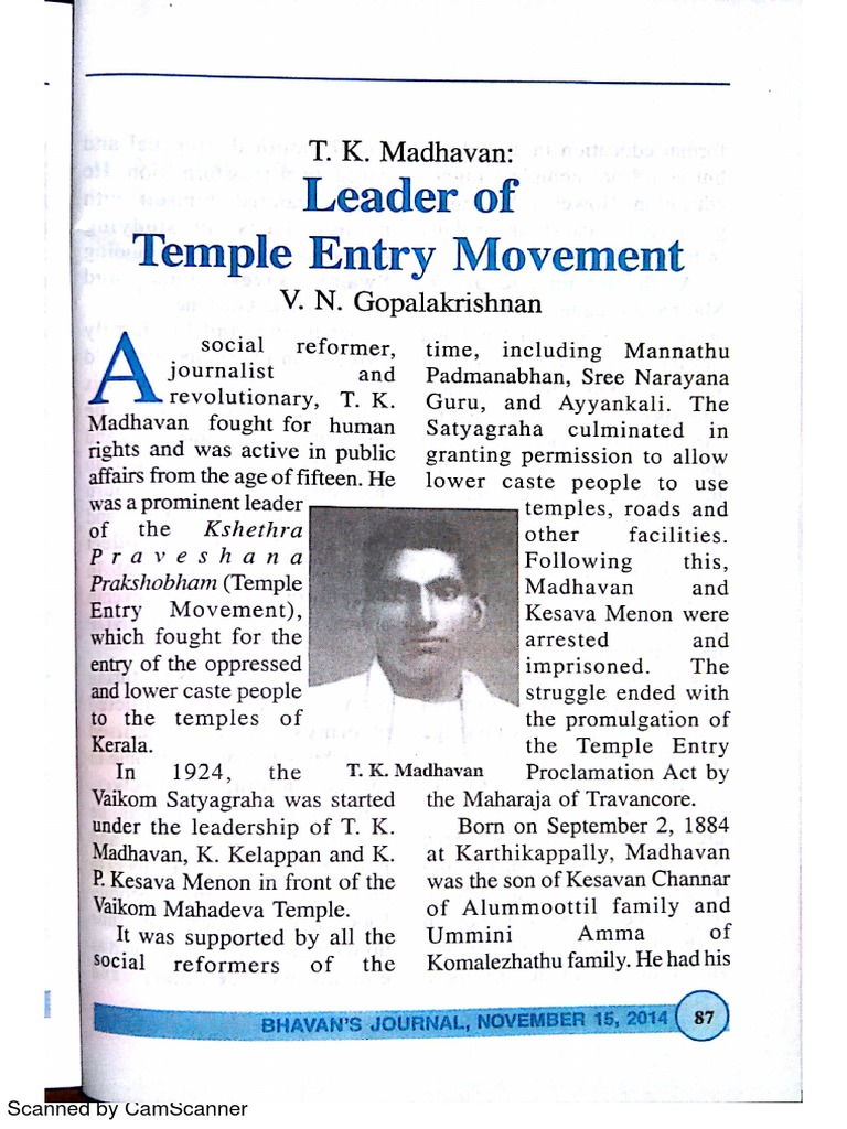 T.K.madhavan - Leader of Temple Entry Movement | PDF