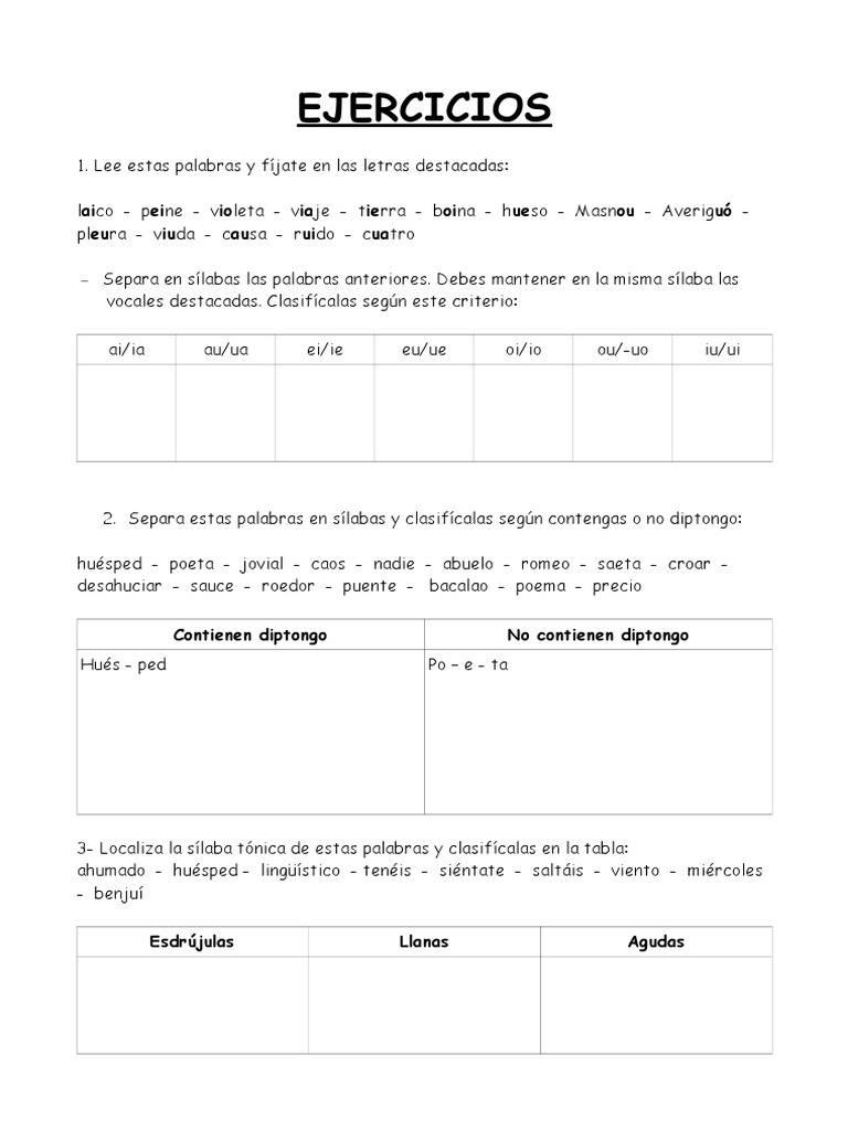 Ejercicios de Diptongos y Hiatos | PDF | Fonología | Filología