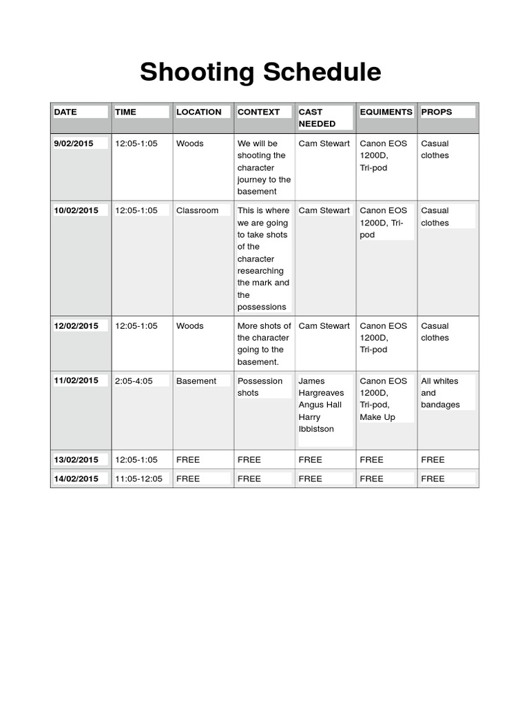 Shooting Schedule | PDF