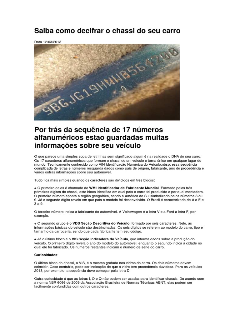 Saiba Como Decifrar o Chassi Do Seu Carro | Carro | Veículos Terrestres