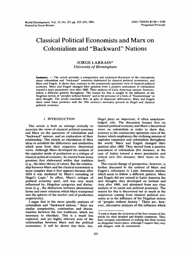 Classical Political Economists and Marx On Colonialism and "Backward ...