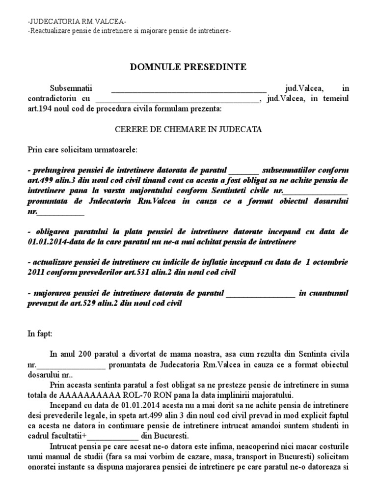 Cerere Actualizare Si Prelungire Pensie de Intretinere | PDF