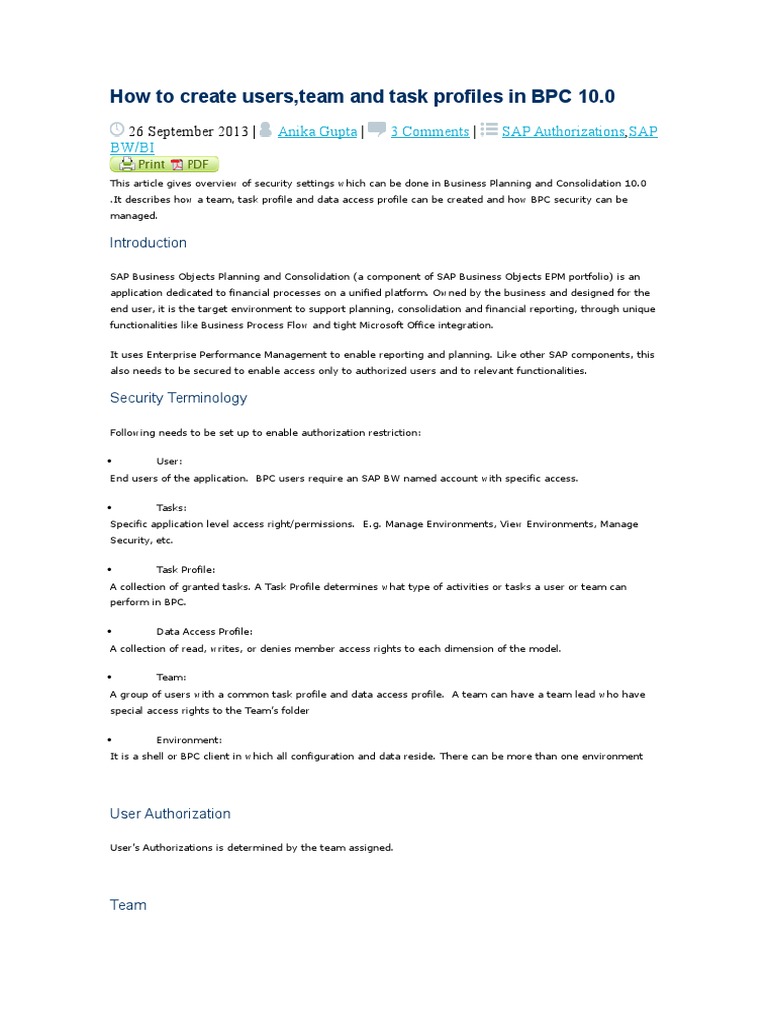 How to create users, teams, and task profiles in BPC 10.0 | PDF | User ...