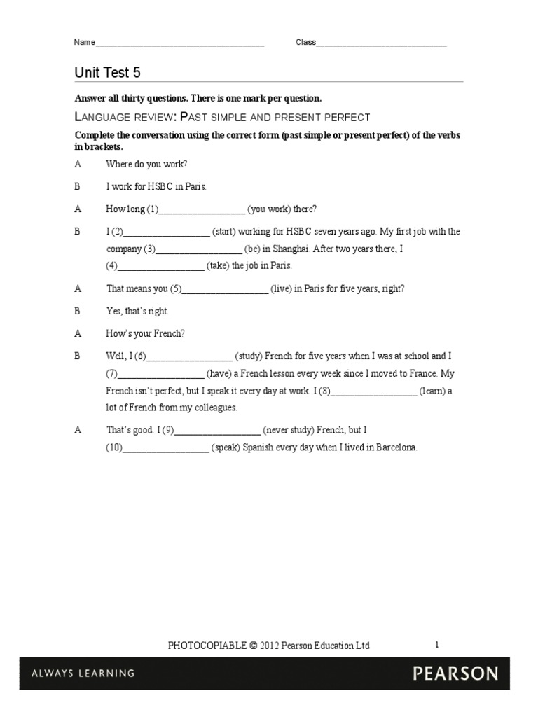 Pre Intermediate Unit Test 5 | PDF | French Language | Cognitive Science