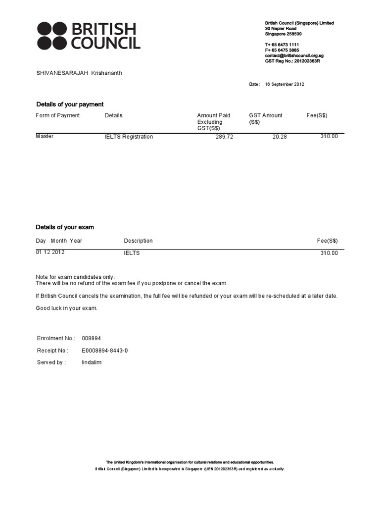 IELTS Receipt | PDF