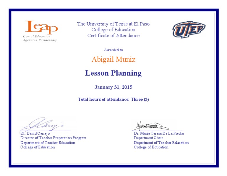 UTEP Certificate of Attendance: Lesson Planning | PDF