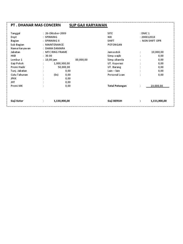 Slip Gaji Karyawan PT Dhanar Mas | PDF