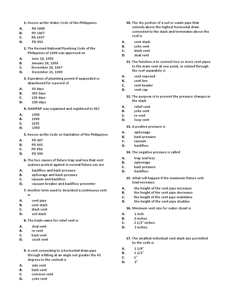 Plumbing Code Questions | PDF | Plumbing | Sink
