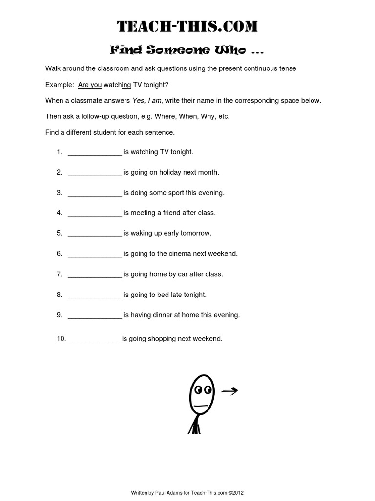 Find Someone Who: Present Continuous Activity | PDF | Language Arts ...