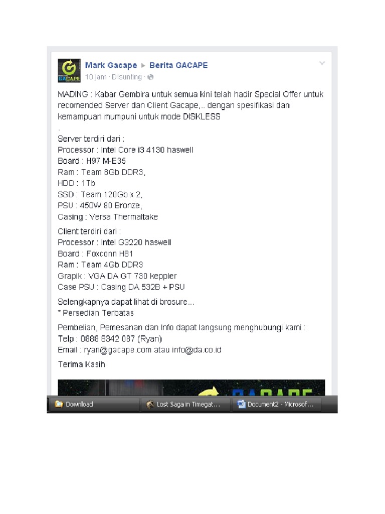 Spesifikasi Komputer Server Dan Klien Untuk Warnet Gacape | PDF