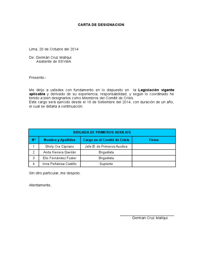 Carta De Designacion De Trabajador En Cargo De Confianza Doc Agitación