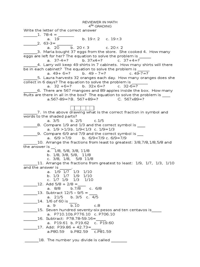 Math Review Questions 4th Grade | PDF | Division (Mathematics ...