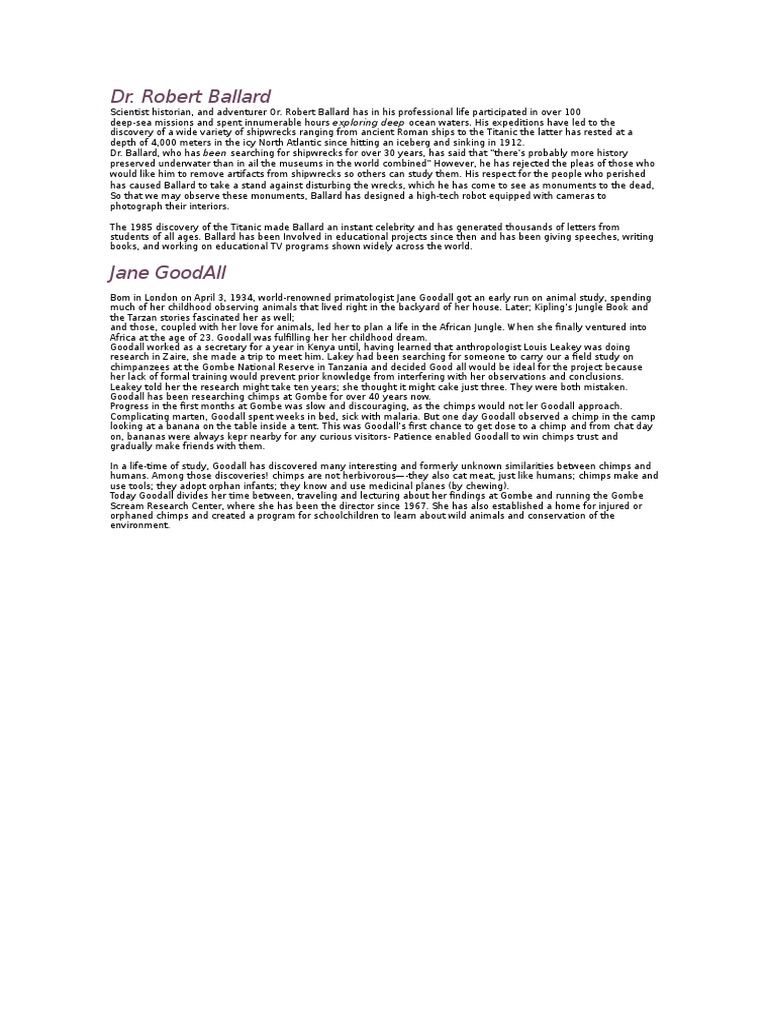 Dr. Robert Ballard: Exploring Deep Been | PDF | Chimpanzee