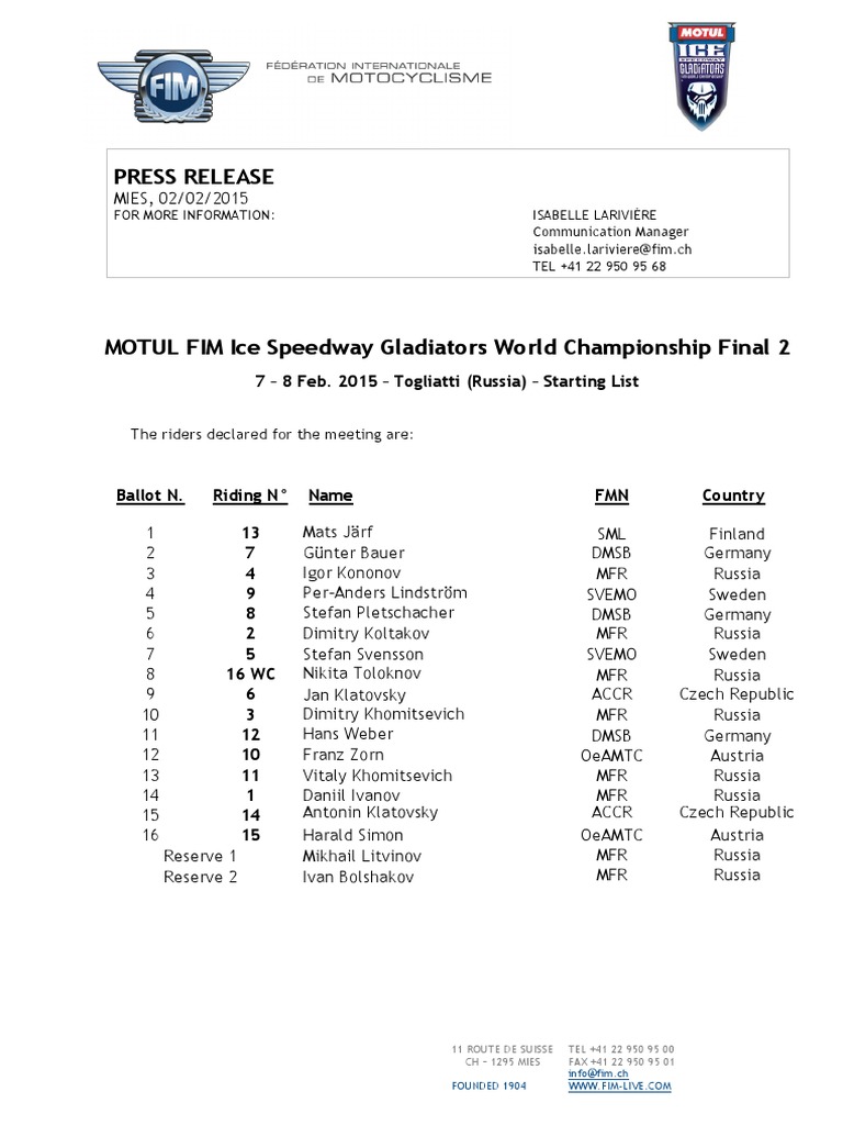 Starting List - MOTUL FIM Ice Speedway Gladiators World Championship ...